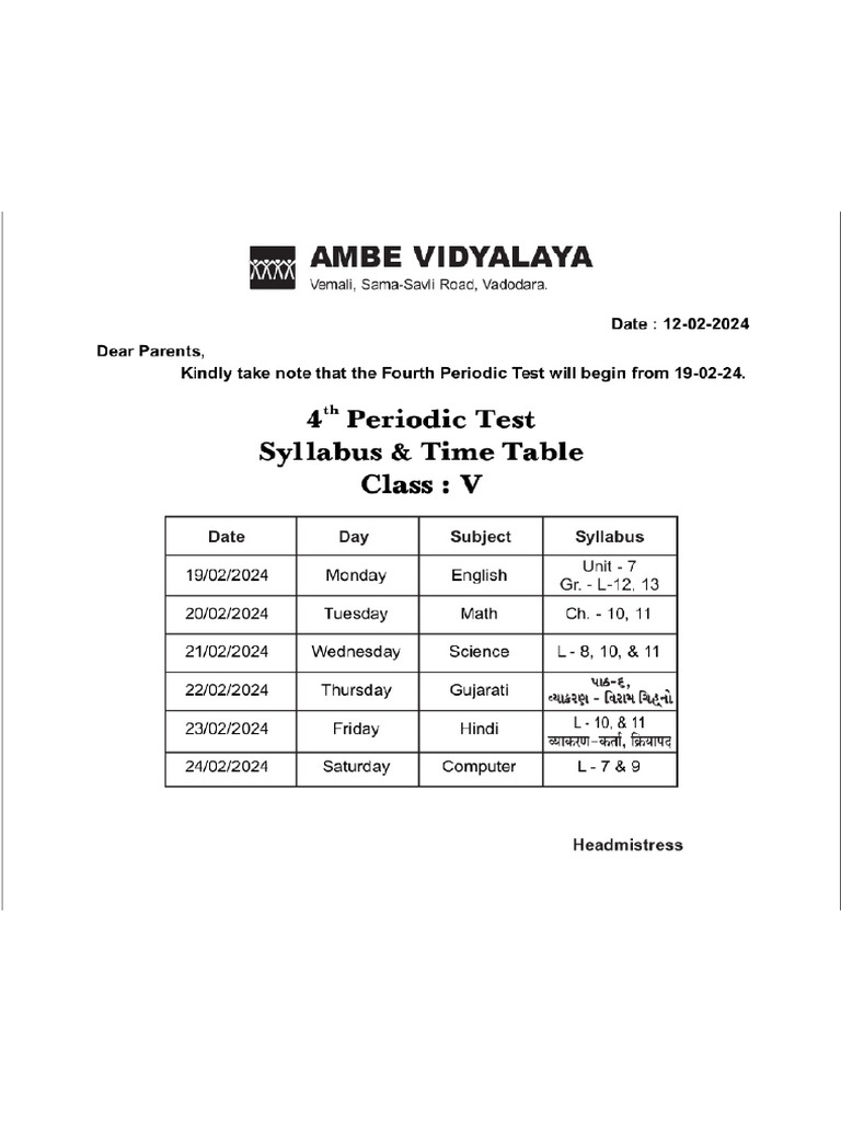 4th Periodic Test Time Table Class - V | PDF
