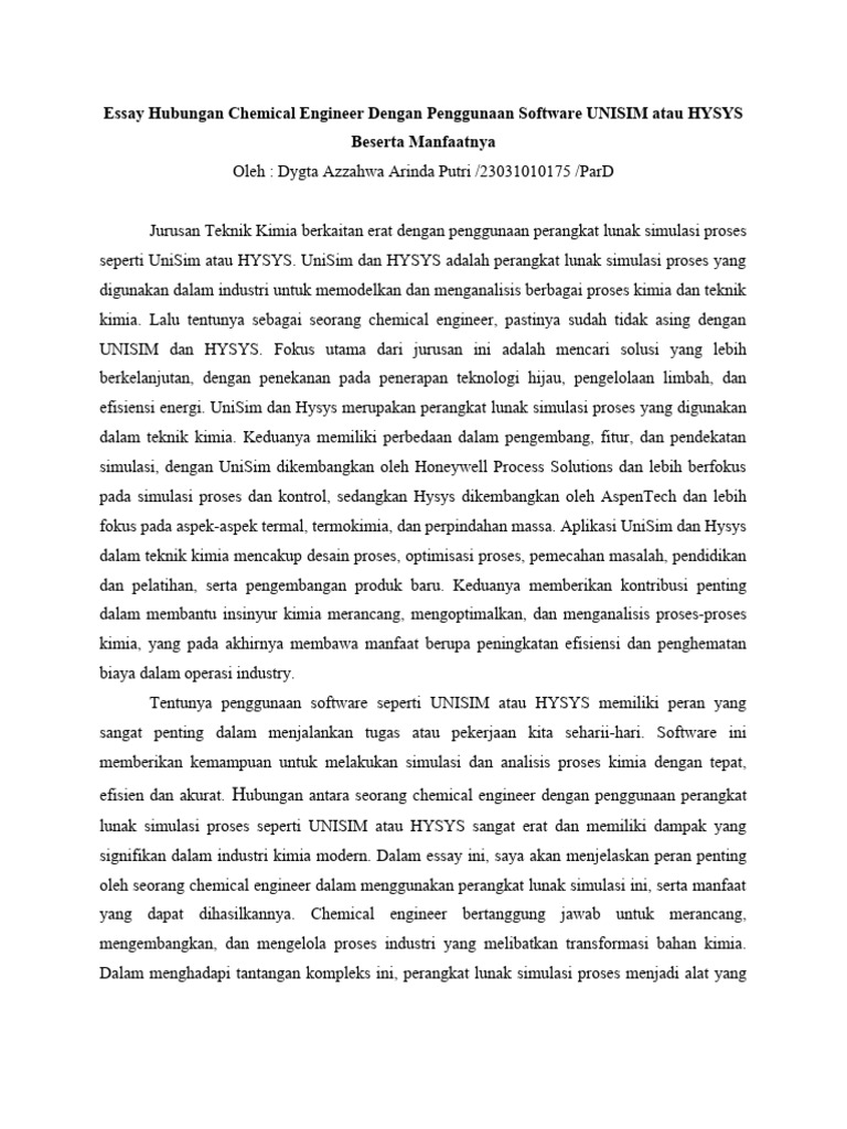 Essay Hubungan Chemical Engineer Dengan Penggunaan Software UNISIM Atau HYSYS Beserta Manfaatnya ...