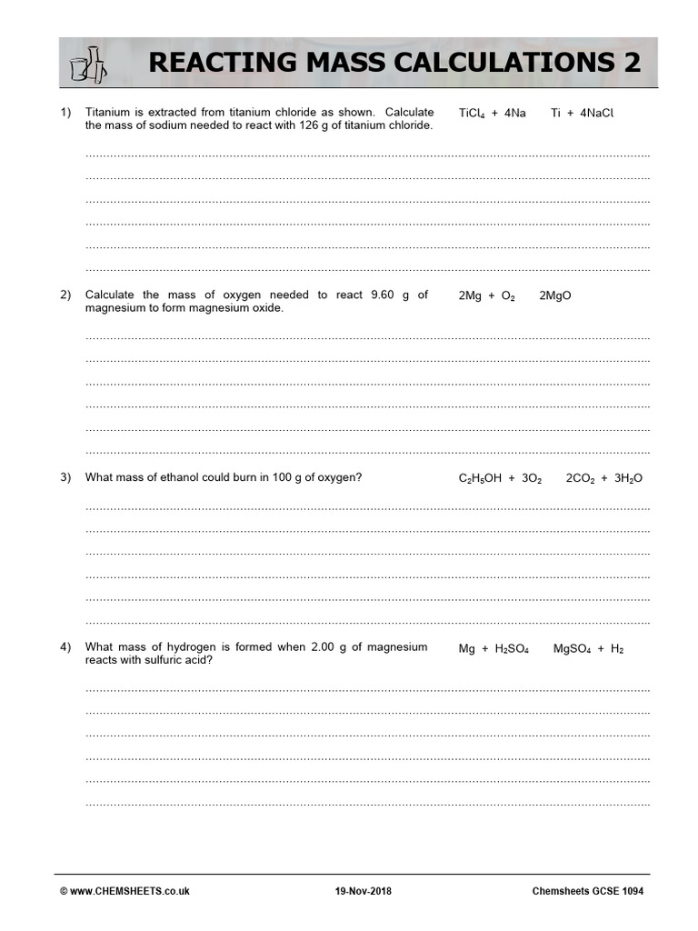 Chemsheets Gcse 1094 Reacting Mass Calculations 2 Pdf Molecules Chemistry