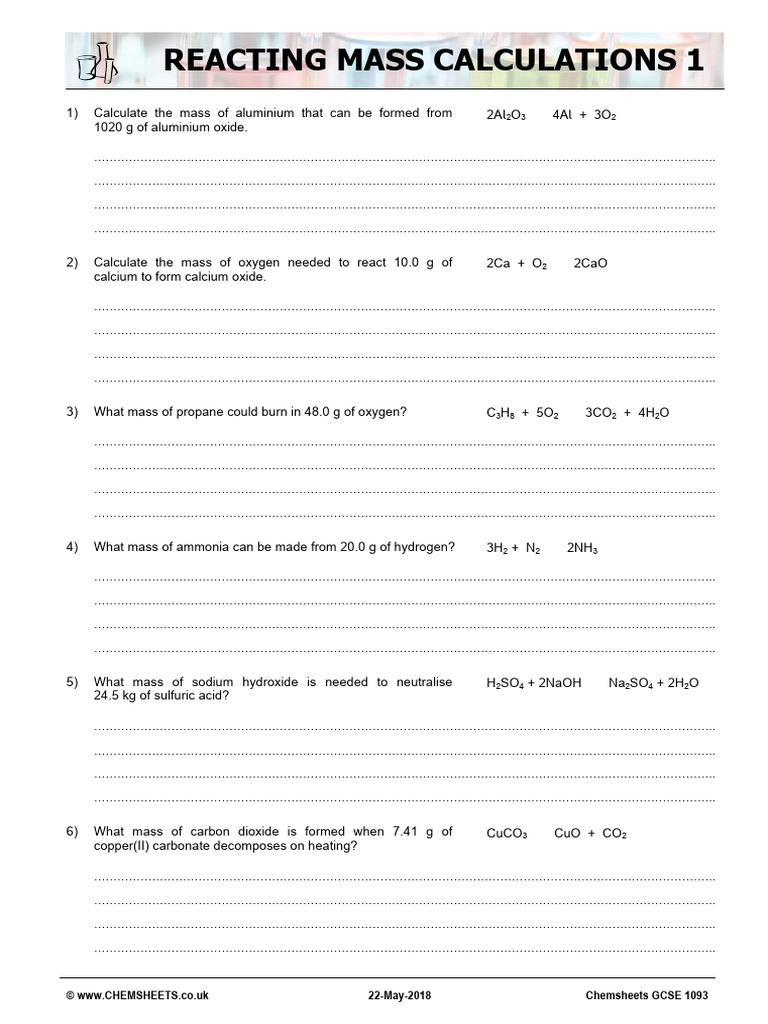 Chemsheets GCSE 1093 Reacting Mass Calculations 1 | PDF | Chemistry ...