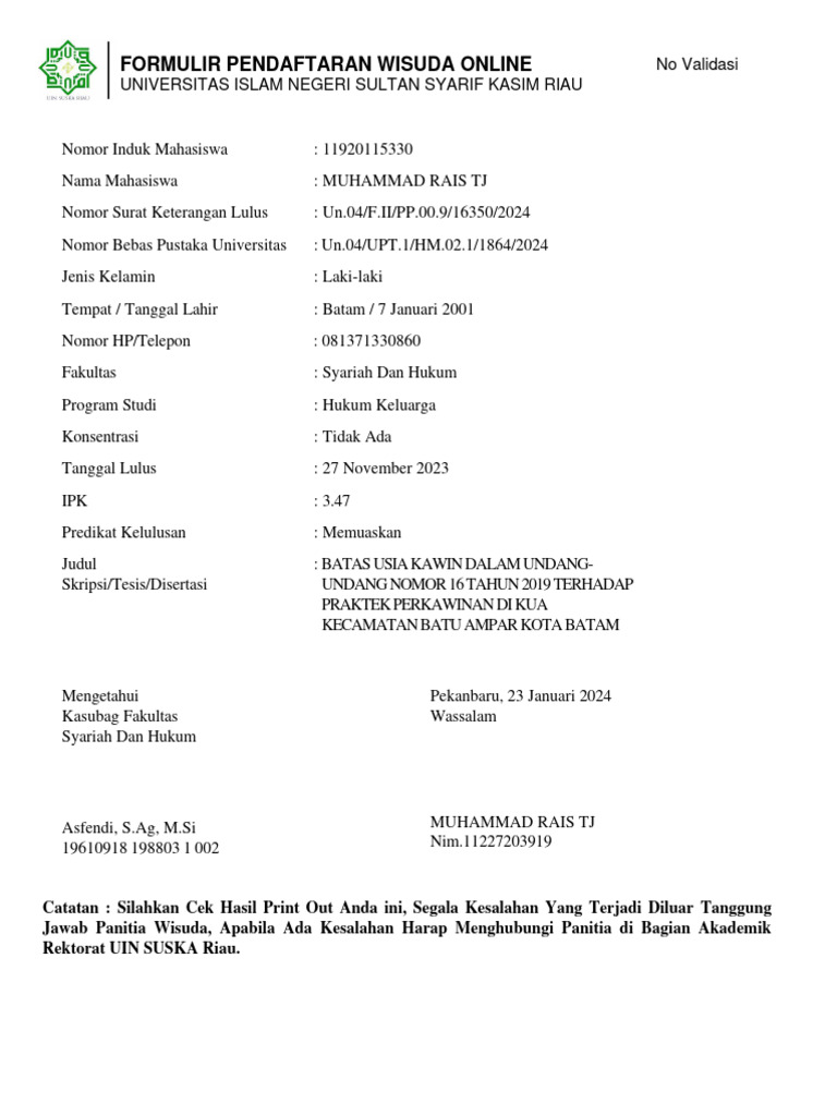 Form Wisuda Nuzul Fitri | PDF