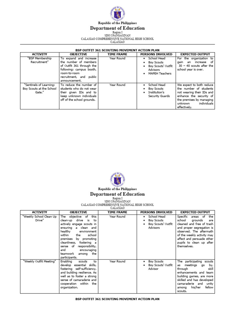BSP CCNHS Action Plan | PDF | Scouting