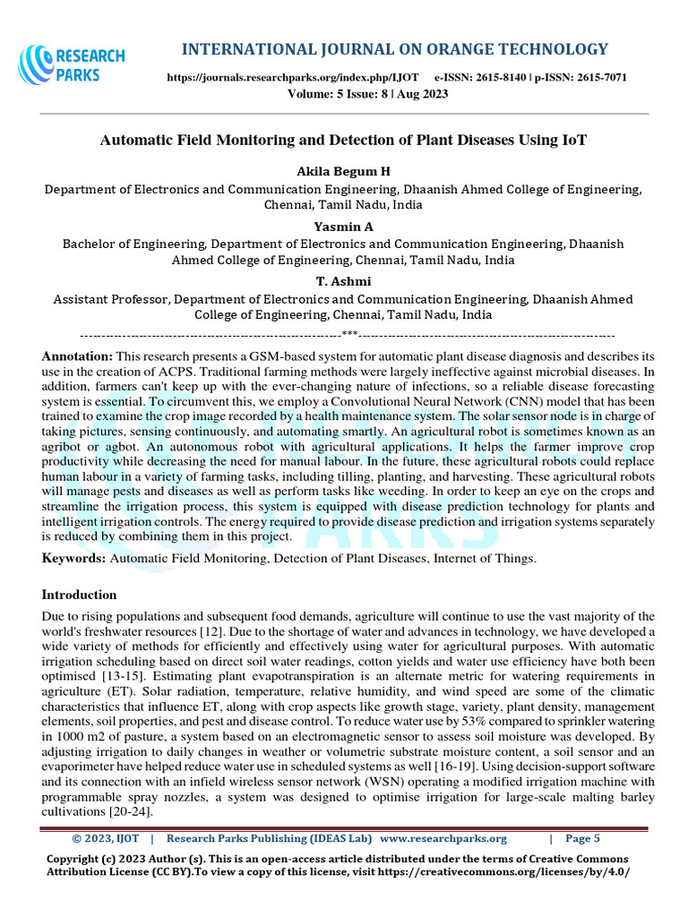 Automatic Field Monitoring and Detection of Plant Diseases Using IoT ...