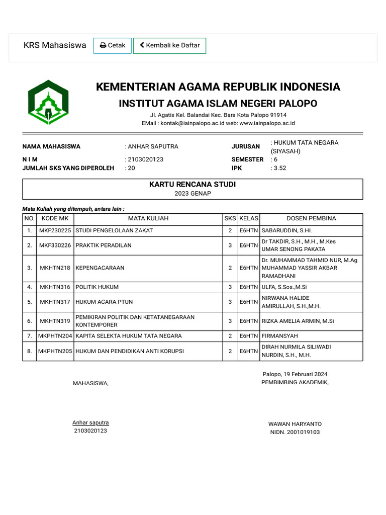 Contoh KRS Prodi Hukum Semester 6 | PDF