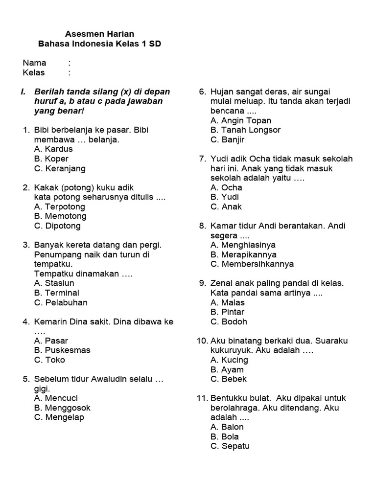 Soal UH BINDO Kelas 1 SD | PDF