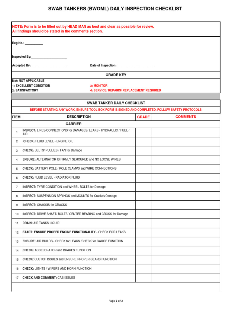 Daily Inspection Checklist for Swab Tankers | PDF | Oil Tanker ...