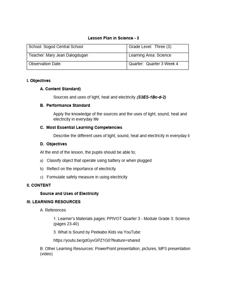 Electricity Lesson Plan for Grade 3 | PDF | Power Station | Electricity