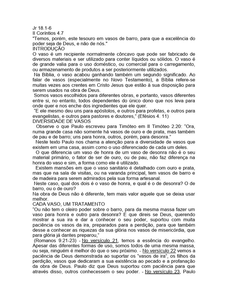 Vaso de Barro: Significado e Valor Espiritual | PDF | Apóstolo Paulo ...