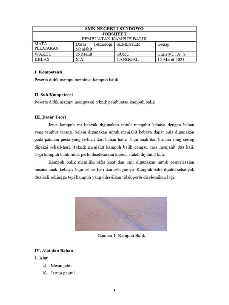 Contoh Jobsheet Pembuatan Kampuh Balik | PDF