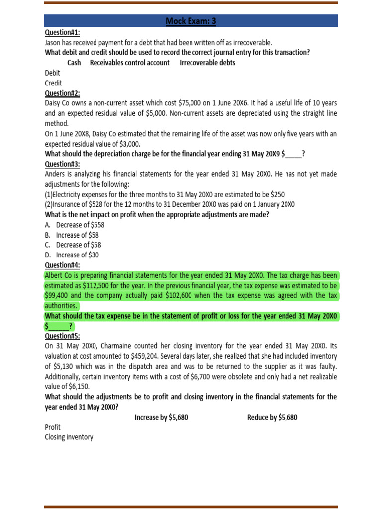 Fa Mock Exam 3 1 Pdf Debits And Credits Balance Sheet