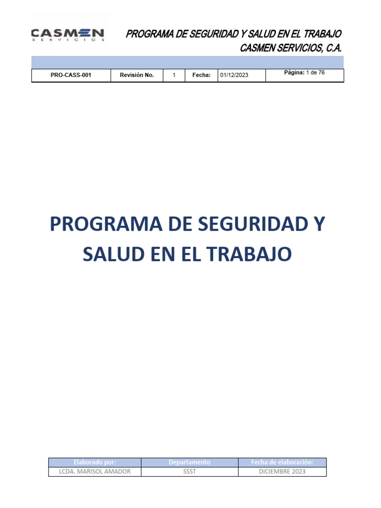 Programa de Seguridad y Salud en El Trabajo Casmen CA | PDF | Seguridad ...