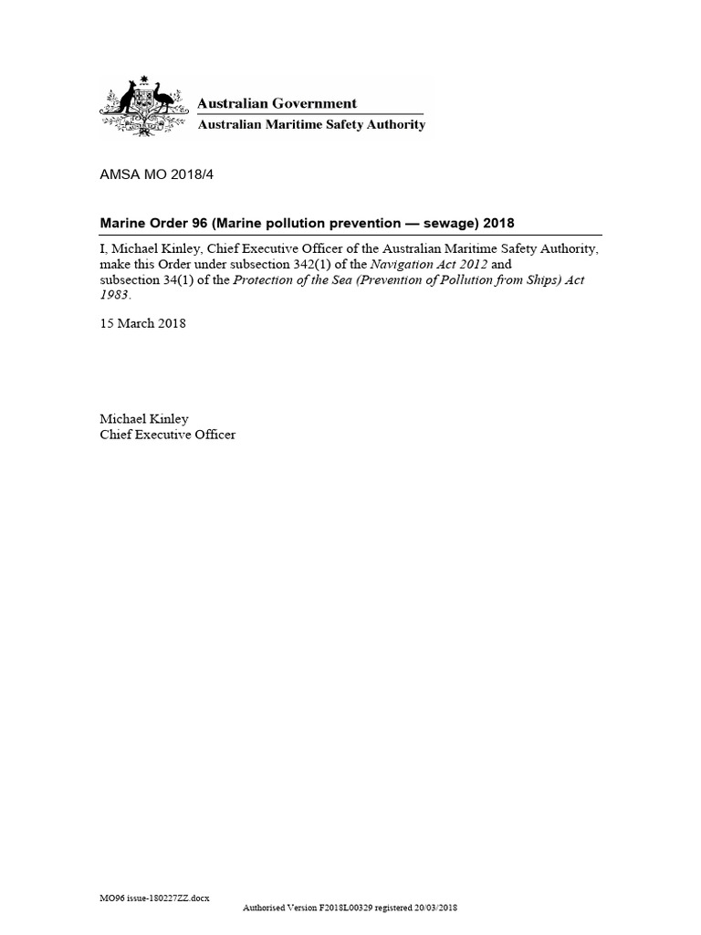 Marine Order 96: Sewage Discharge Standards | PDF | Sewage Treatment