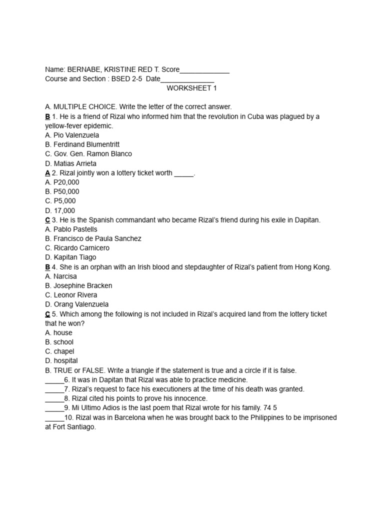 Worksheet Rizal | PDF