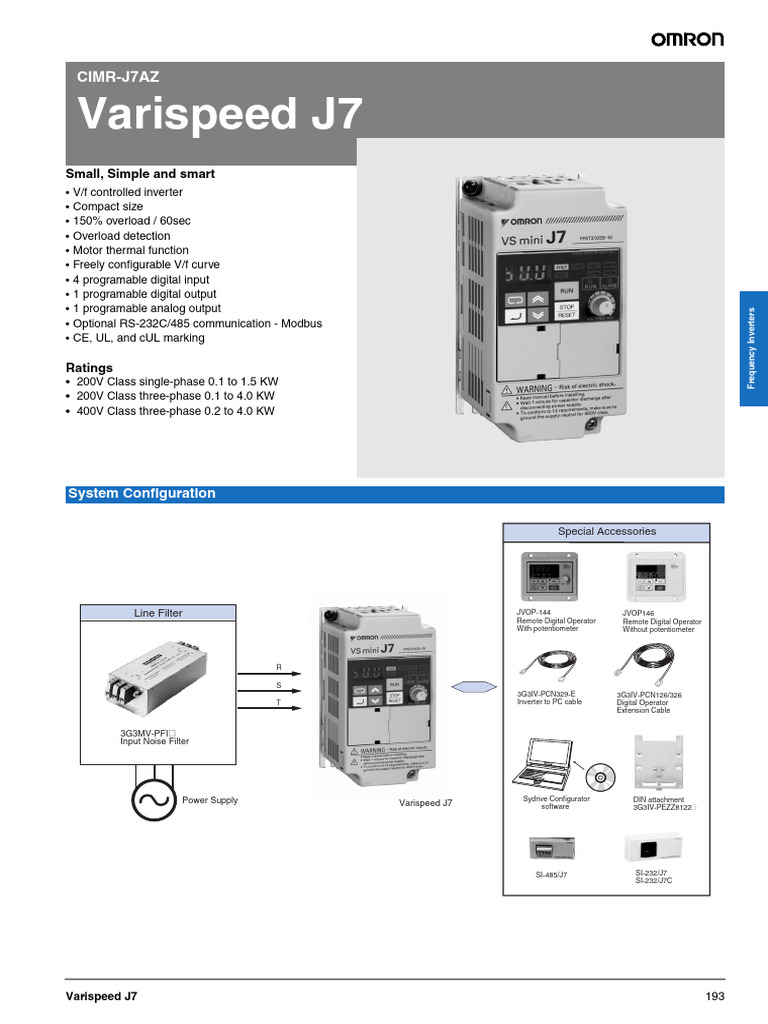 Varispeed J7 Frequency Inverter Specs | PDF | Power Inverter | Power Supply