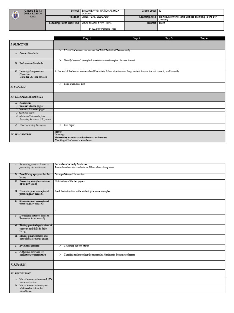 Grade 12 Daily Lesson Log: Week 10 | PDF | Learning | Cognitive Psychology
