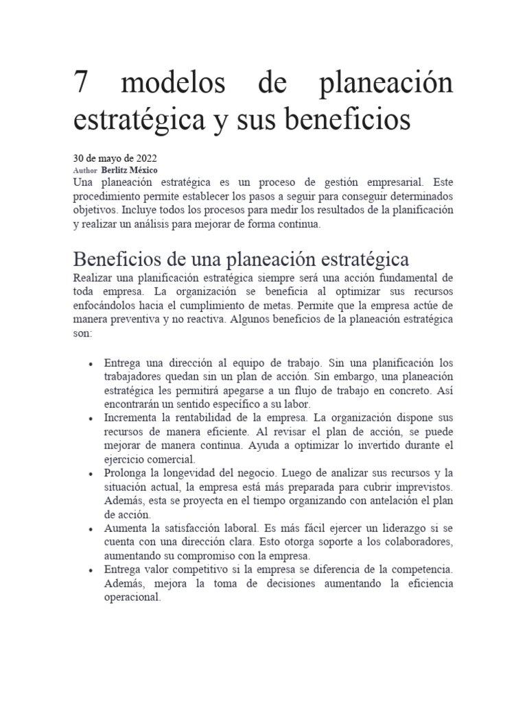 7 Modelos De Planeación Estratégica Y Sus Beneficios Pdf