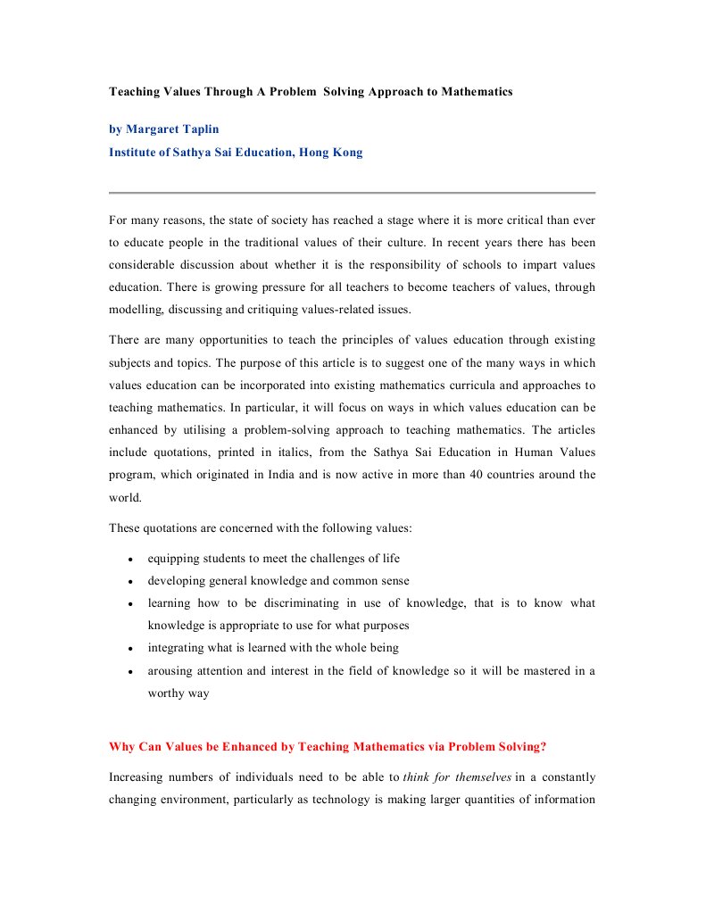 Teaching Values Through A Problem Solving Approach To Mathematics | PDF ...