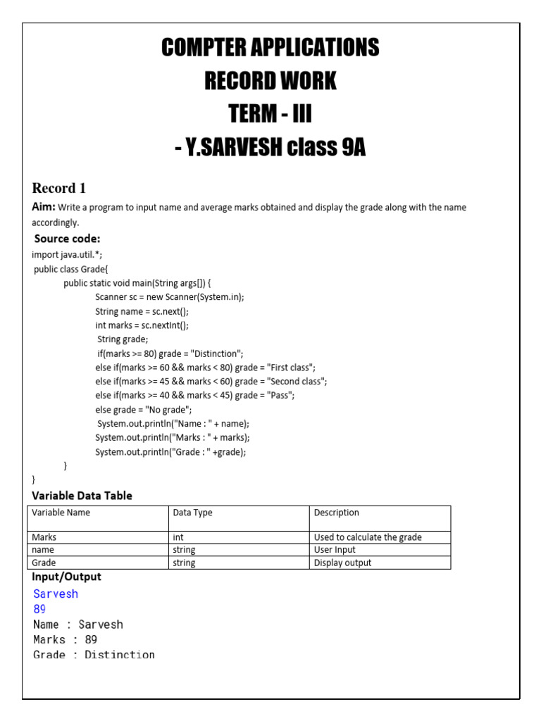 Record Work-Y.sarvesh 9a | Download Free PDF | String (Computer Science) | Data Type