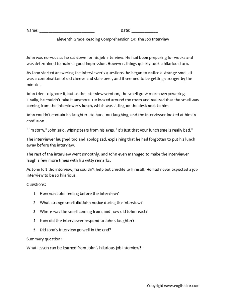 Reading Comp Grade 11 Job Interview 14 | PDF