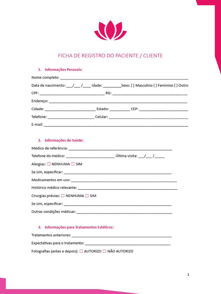 Ficha de Registro Do Paciente - Cliente | PDF | Ciências da Saúde ...
