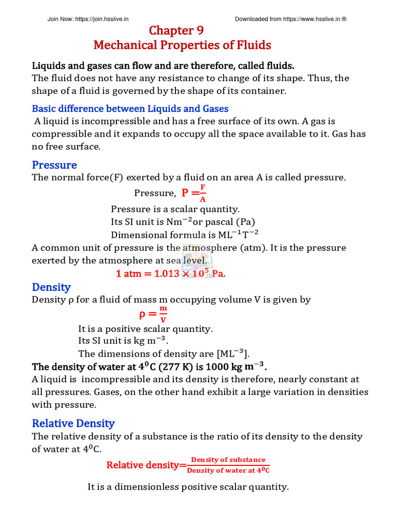 Hsslive - Plus One Chapter 9-2024 | PDF | Pressure | Fluid Dynamics