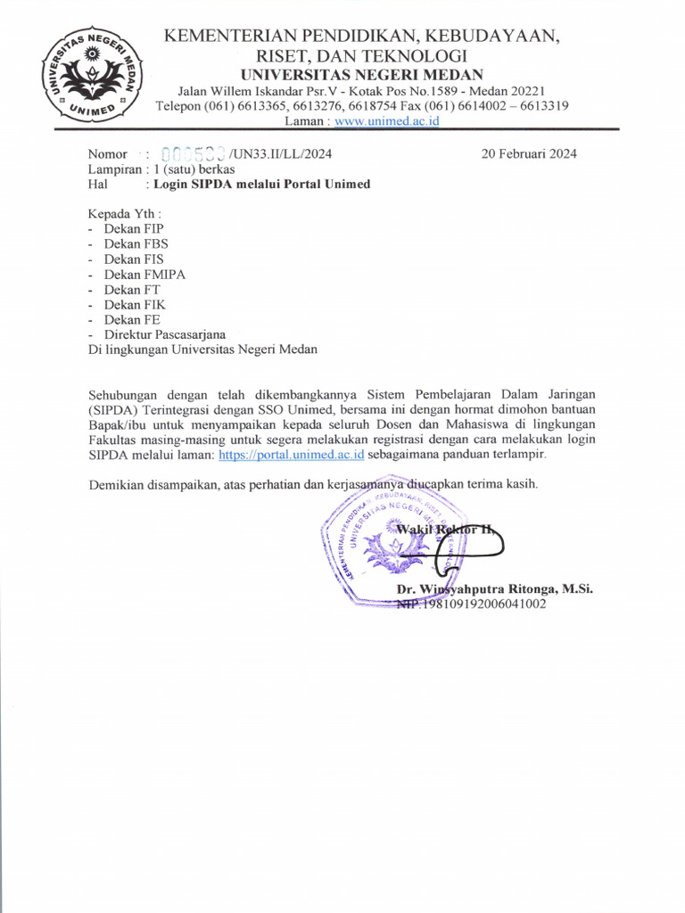 Login SIPDA Melalui Portal Unimed | PDF