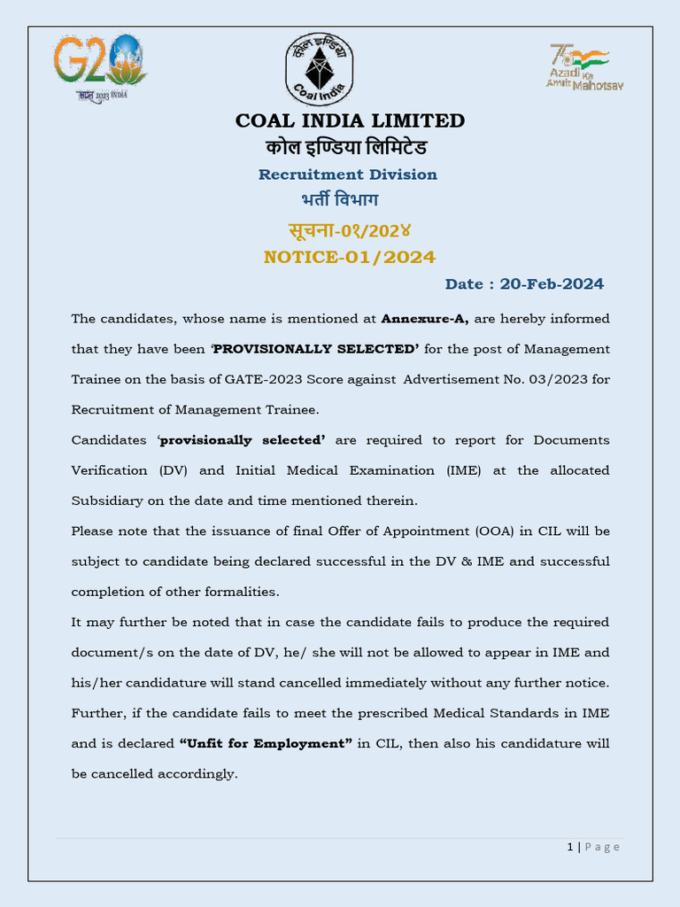 Coal India Limited: सूचना-0१/202४ NOTICE-01/2024 | PDF | Government Of ...