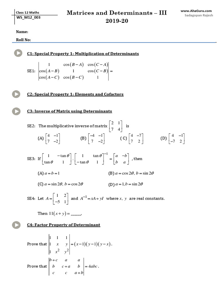 4AMmB M12 Matrics and Determinants III Worksheet | PDF | Determinant ...