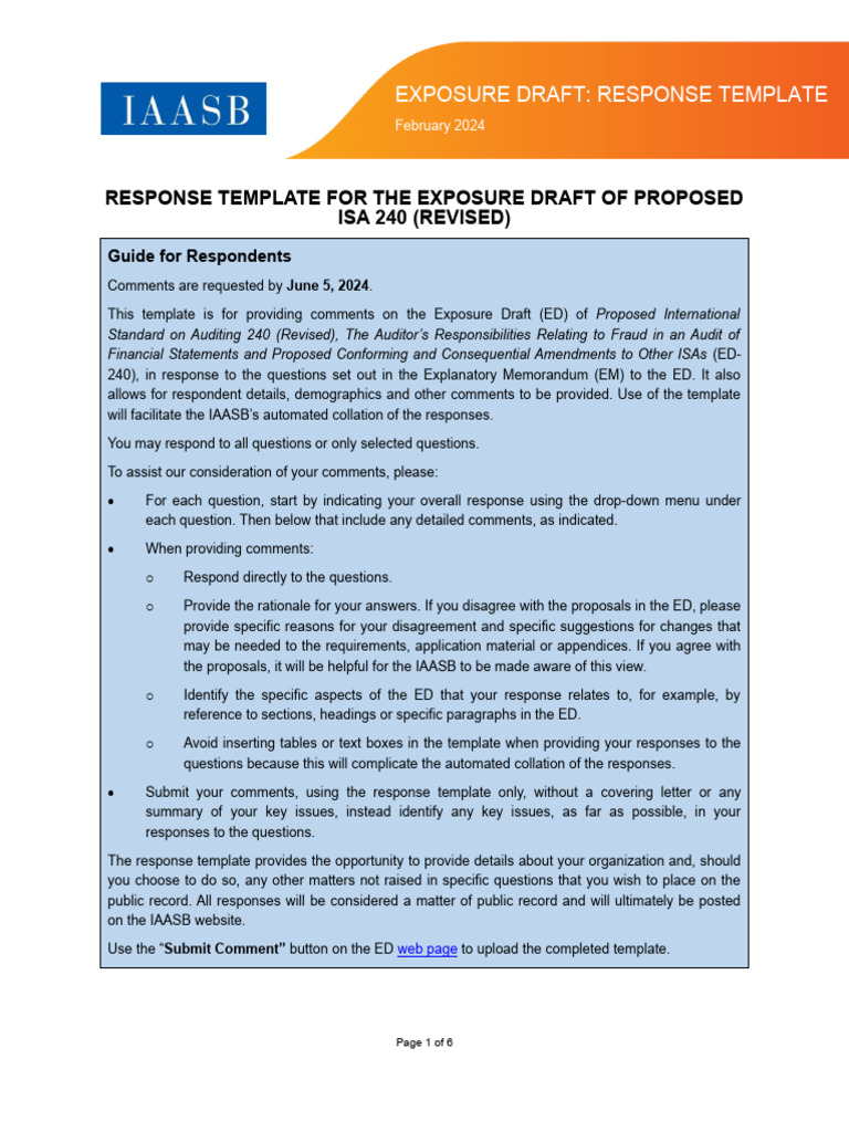 IAASB Exposure Draft Proposed ISA 240 Revised Response Template | PDF ...