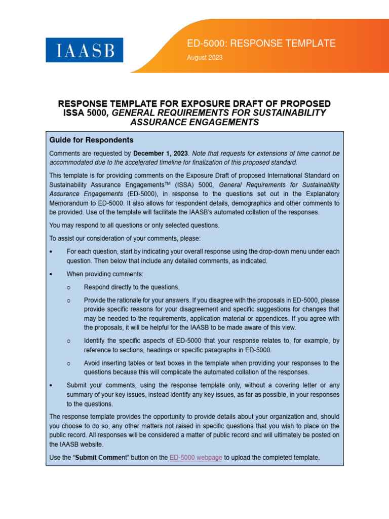 ISSA 5000 Exposure Draft Response Template | PDF | Audit | Business