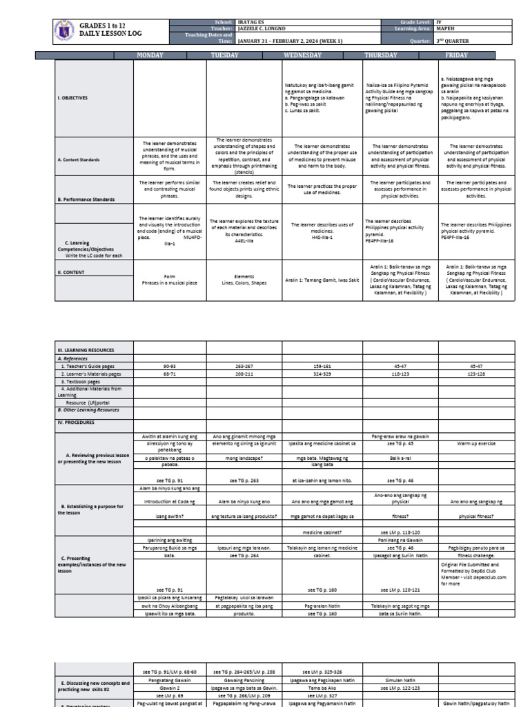 DLL_MAPEH 4_Q3_W1 | PDF | Learning | Behavior Modification