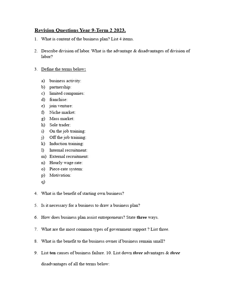 Revision Questions Year 9-Term 2 2023. | PDF