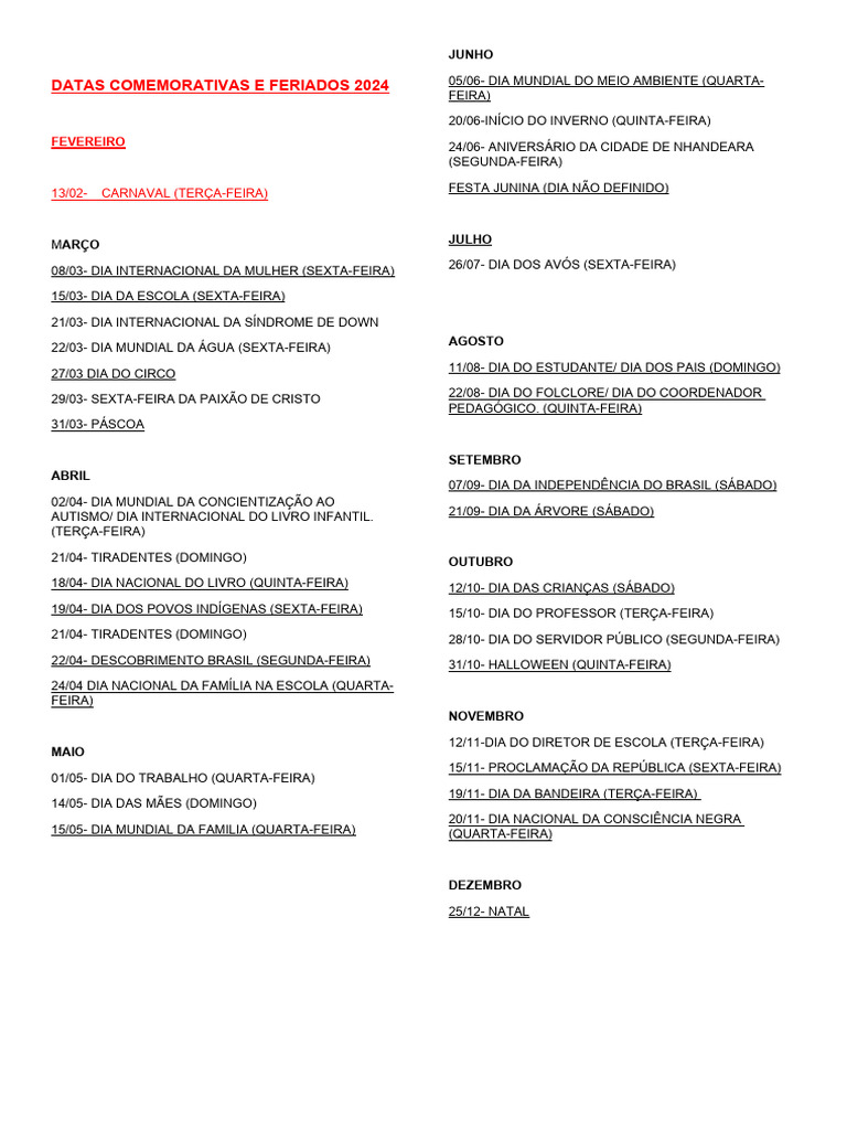 Datas Comemorativas Brasil 2024 | PDF | Comemorações | Festival