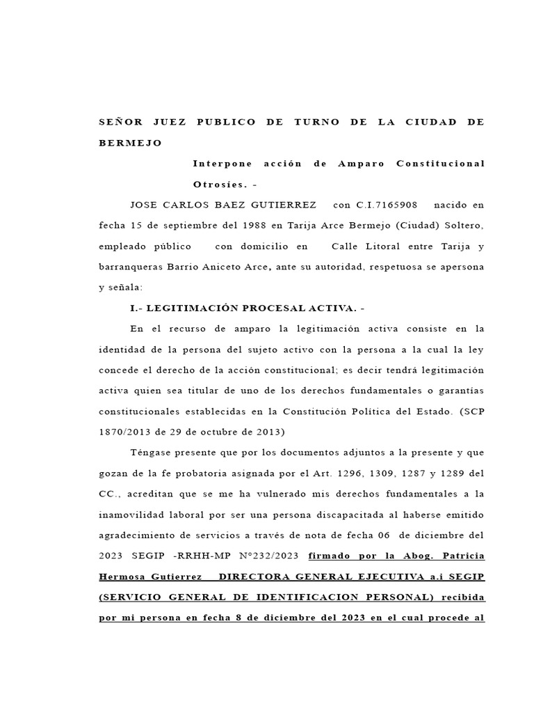 Accion de Amparo Constitucional JOSE CARLOS BAEZ | PDF | Invalidez | Derecho laboral