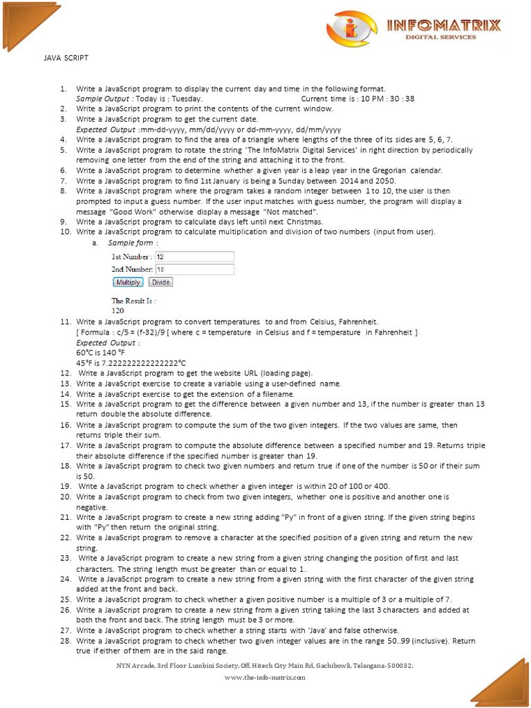 JavaScript Practice Programs (Questions) | Download Free PDF | Numbers | String (Computer Science)