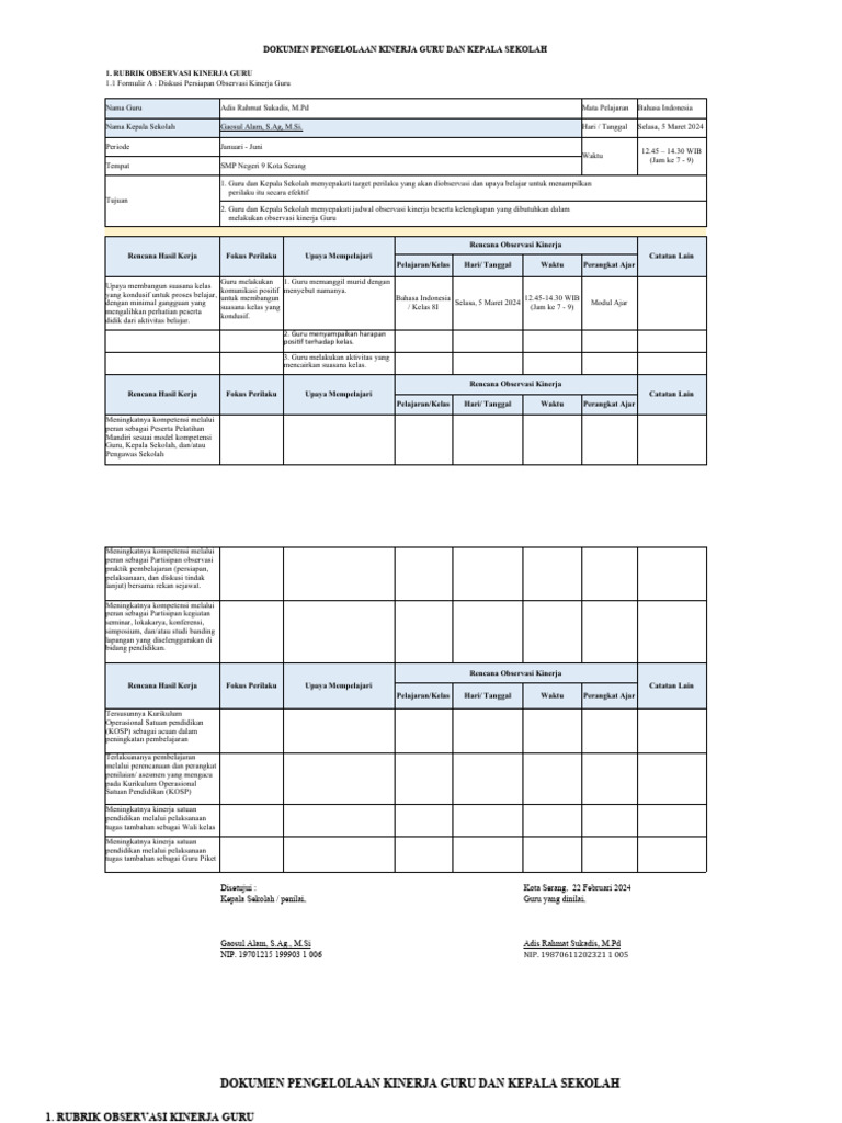 Contoh Form Observasi KInerja Guru | PDF