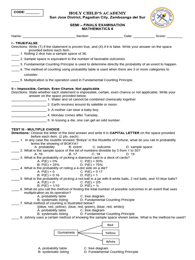 8th Grade Probability Exam Questions | PDF | Odds | Probability