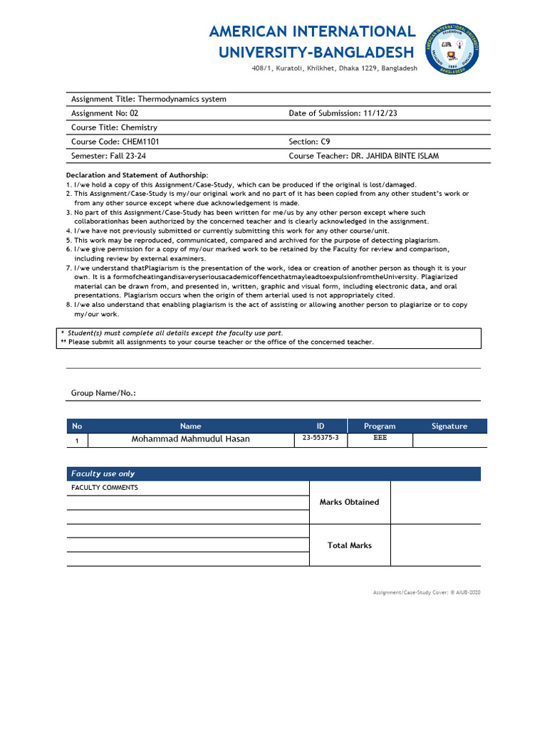 AIUB Assignment Cover Sheet-1 | PDF | Plagiarism
