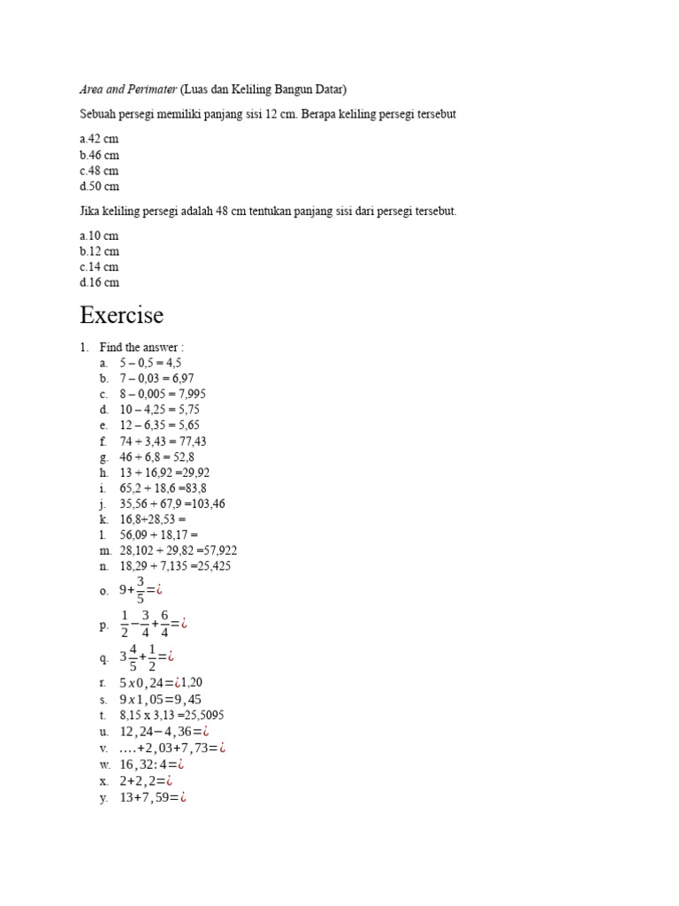Fraction, Decimals, Area Perimater, Line | PDF