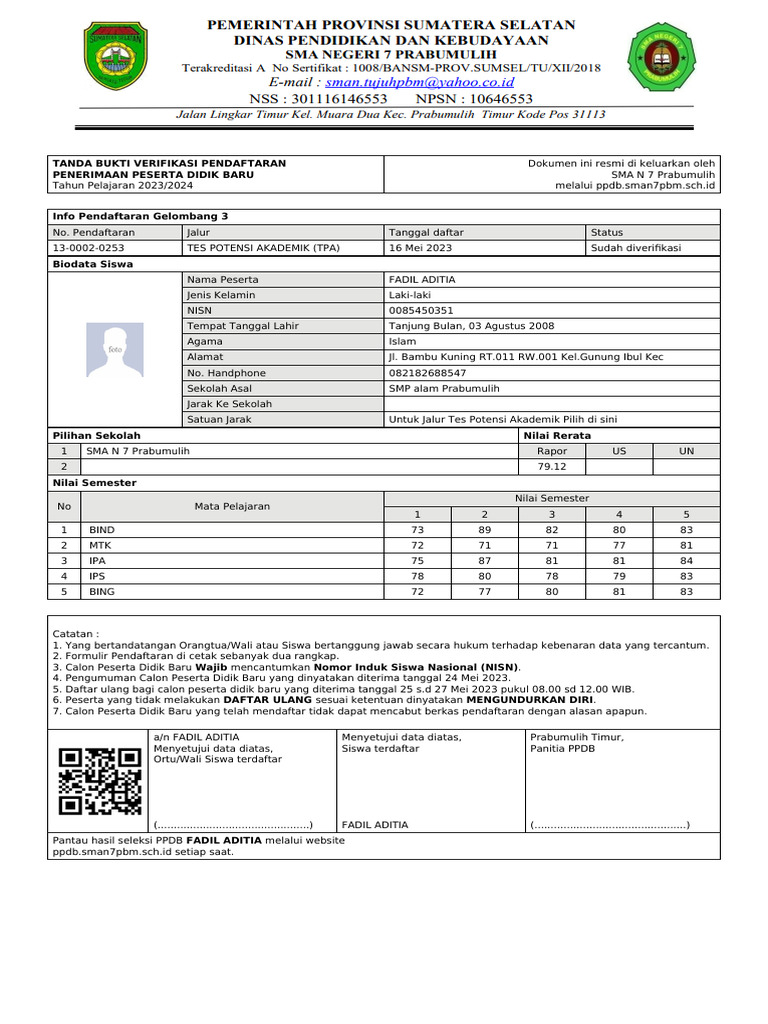 Form Pendaftaran Fadil Aditia | PDF