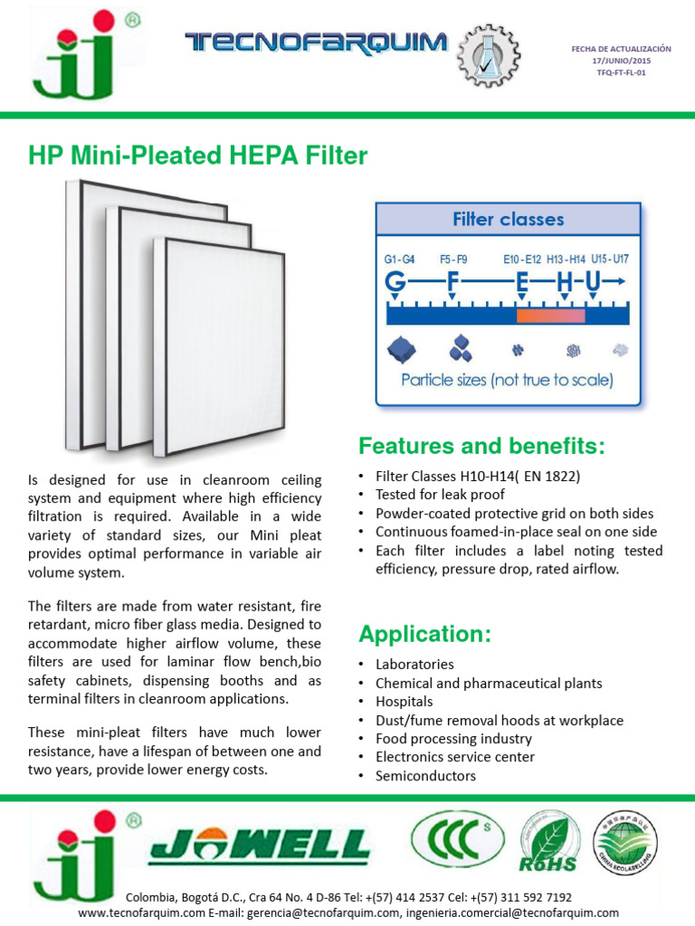 Ficha Técnica Filtros Hepa Minipleat | PDF | Materials | Equipment