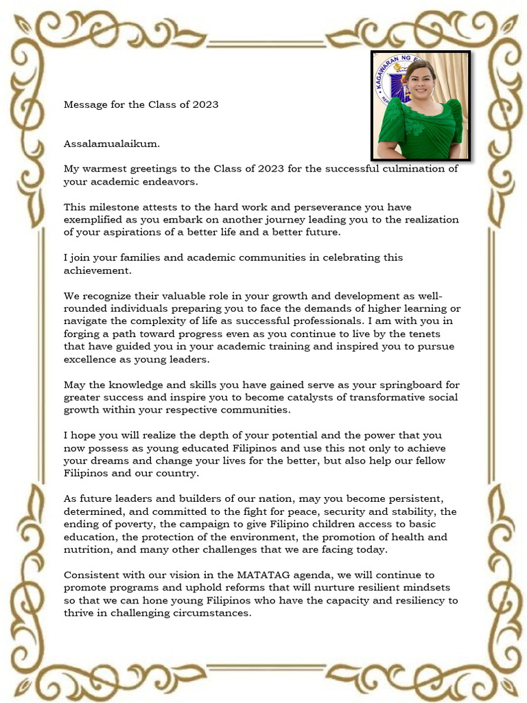 VP SARA Message For The Class of 2023 | PDF