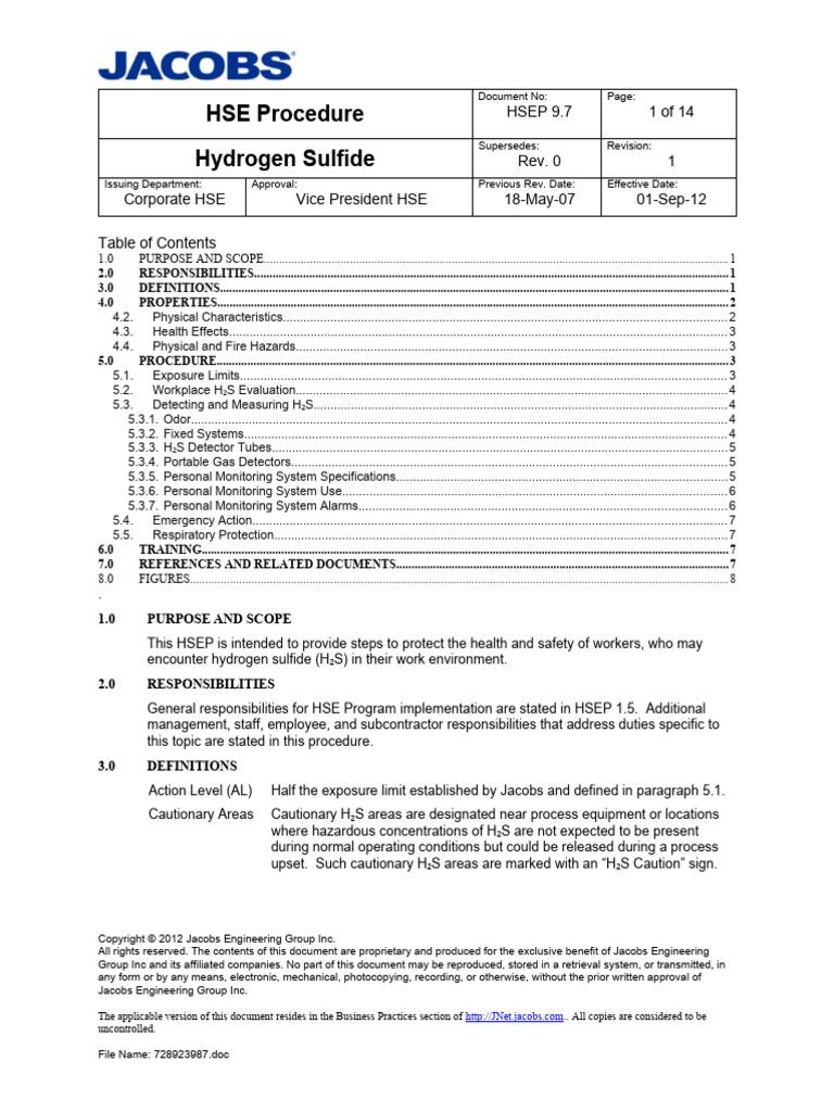 HSEP09-07 HydrogenSulfideRev1 | PDF | Odor | Oil Refinery