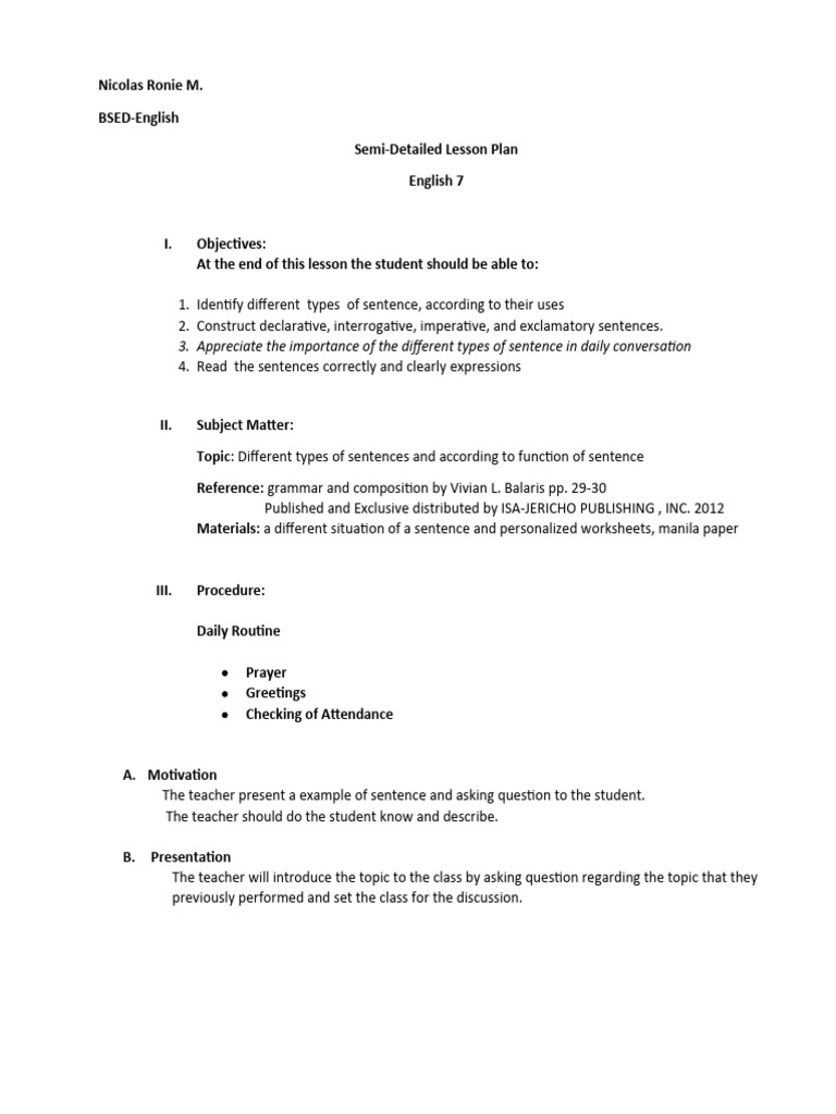 Lesson Plan For G. 7 | PDF | Lesson Plan | Question