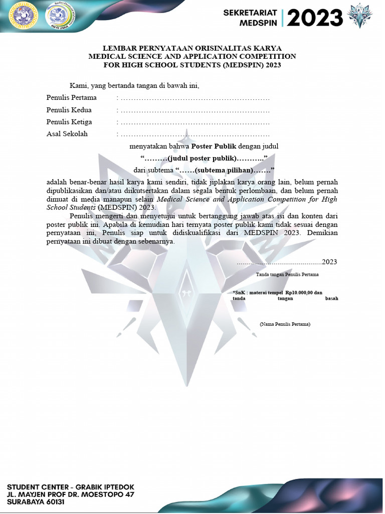 Lembar Pernyataan Orisinalitas Karya Poster Publik MEDSPIN 2023 | PDF