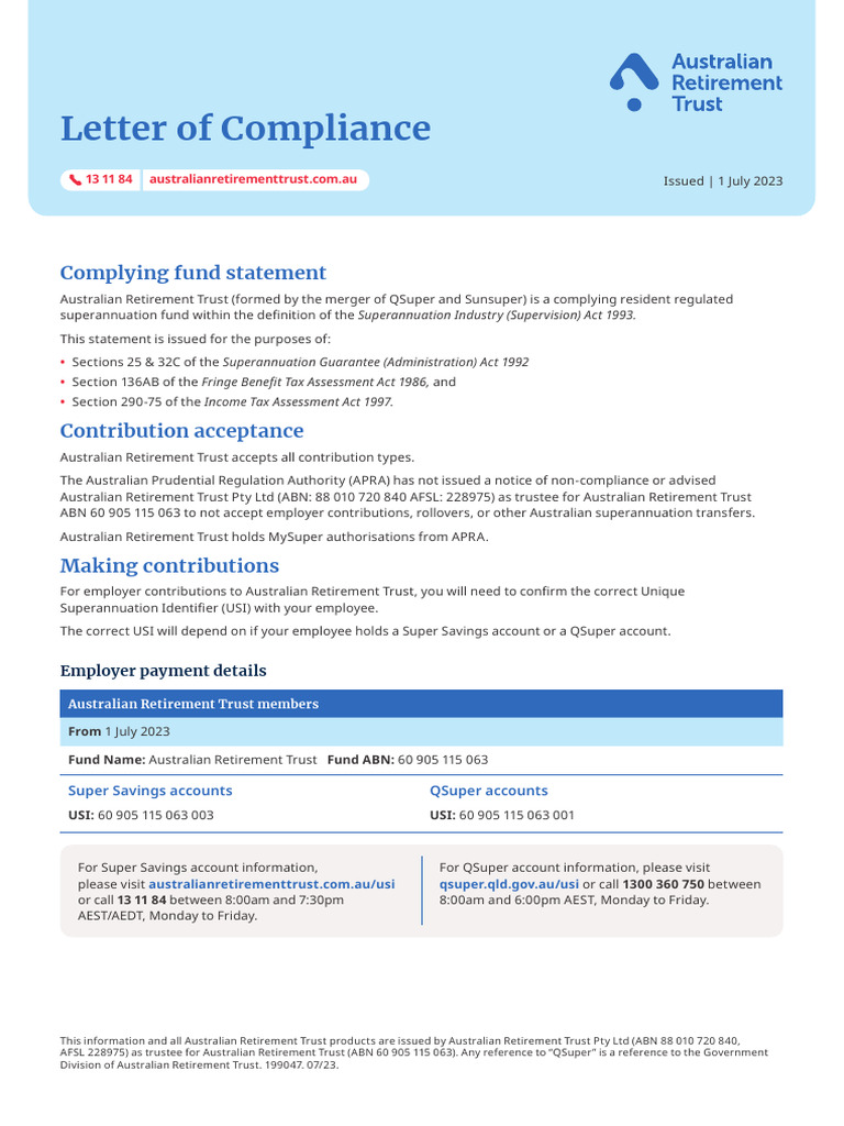 Australian Retirement Trust Compliance Letter | PDF