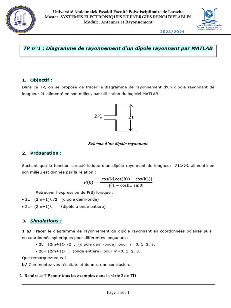 TP1 Diagramme de Rayonnement D'un Dipôle Rayonnant Par MATLAB | PDF | Sciences et mathématiques