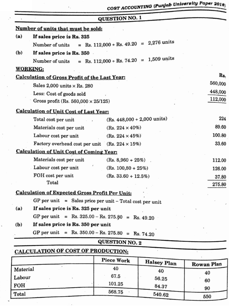 Cost Accounting Adc Bcom Part 2 Solved Past Paper 2018 | PDF