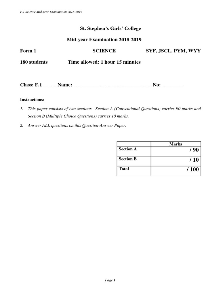 18-19 F.1 Science Mid Year Exam | PDF | Water | Temperature