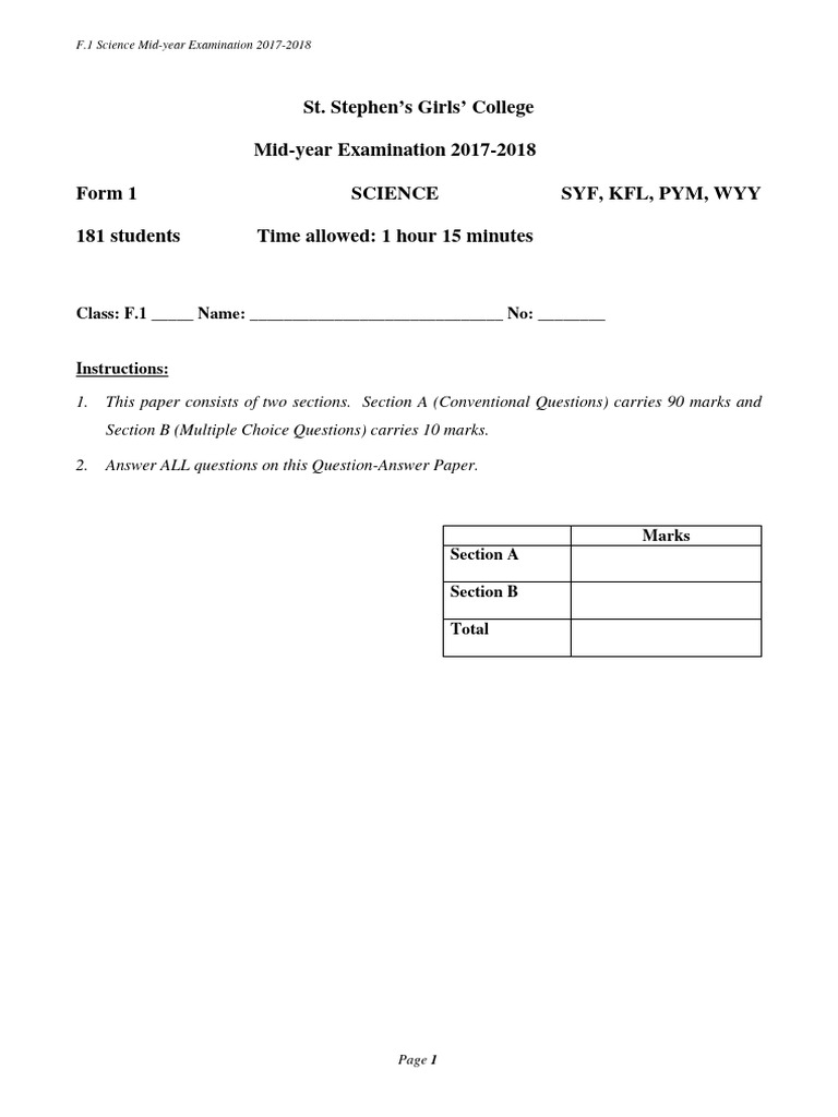 17-18 F.1 Science Mid Year Exam | PDF | Water | Solubility